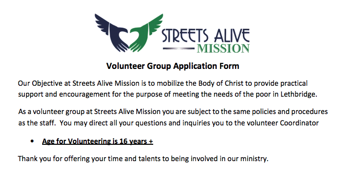 Group Volunteer Application Form | Streets Alive Mission